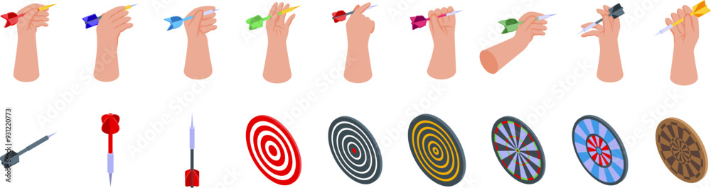 Hand holds dart icons set. Set of icons representing the game of darts ...