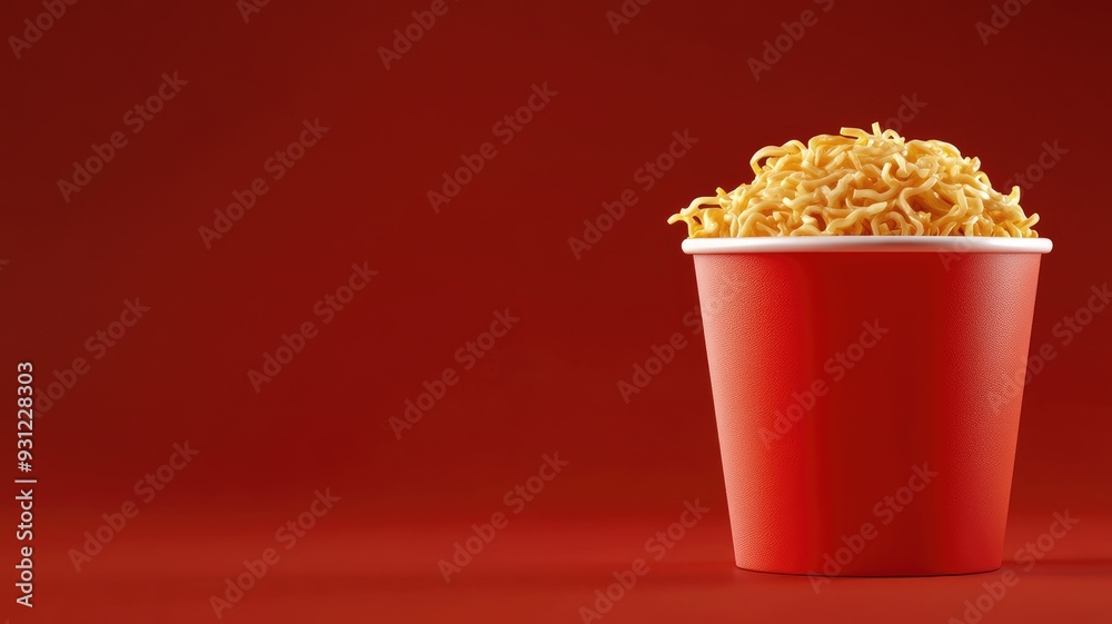 Instant noodles in a red cup with a bold red background, showcasing ...