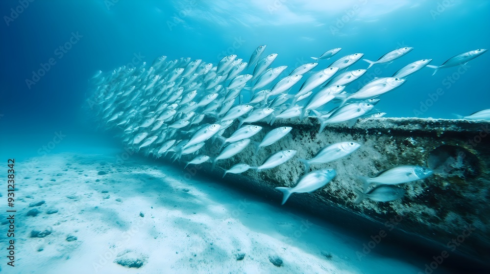Fish schooling around a sunken shipwreck, ghostly underwater scene ...