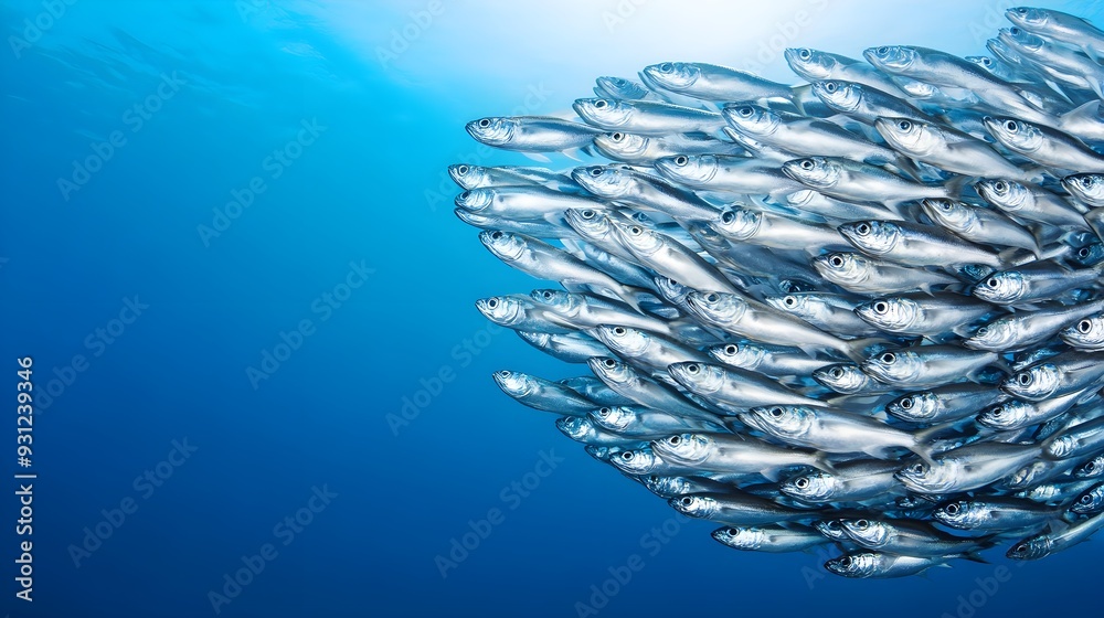 Swarm of sardines in flawless formation, each fish reflecting sunlight ...