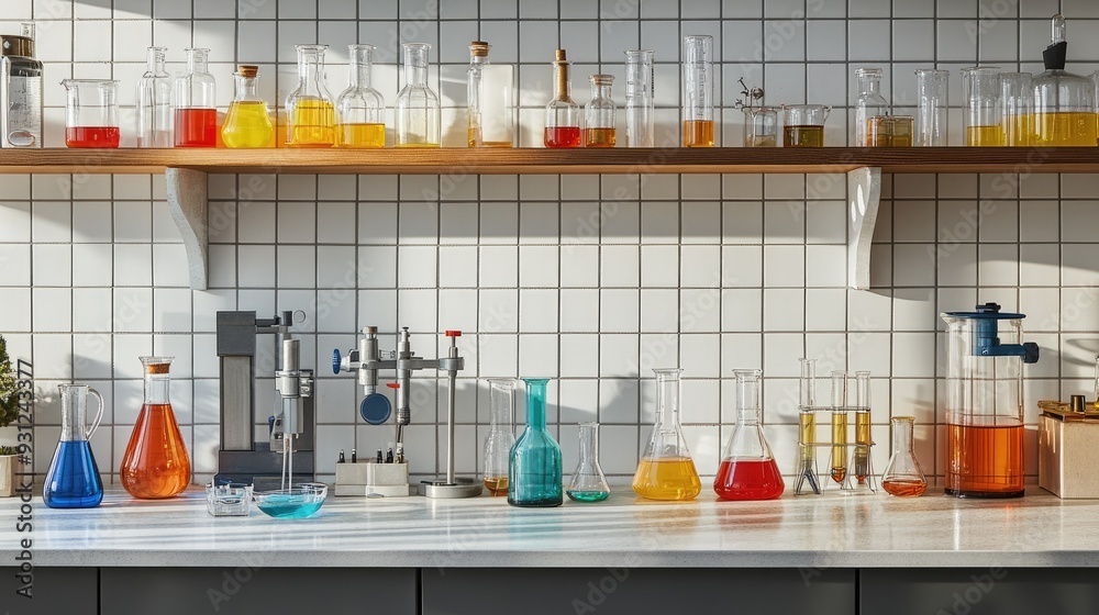 Organized lab setup with rows of colorful test tubes, beakers, and ...