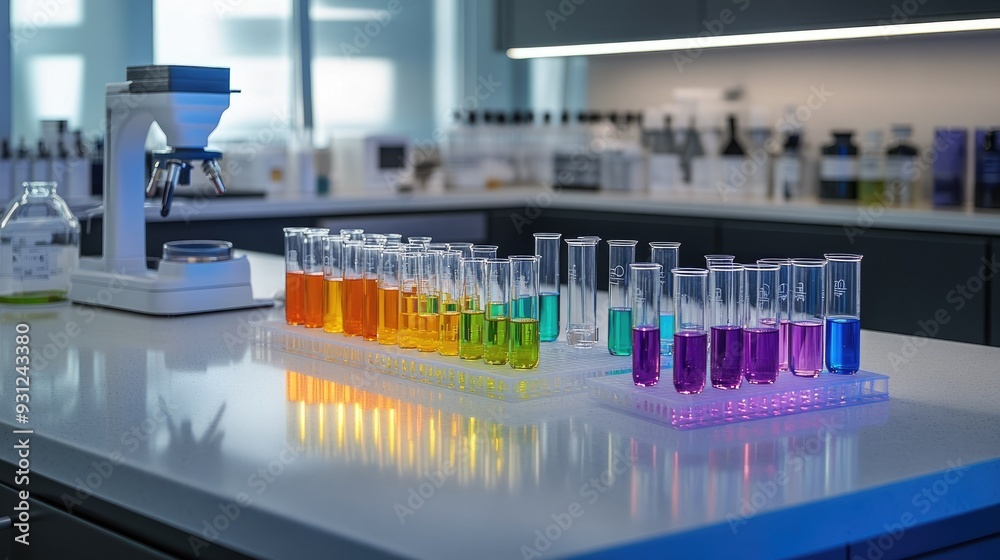 Organized lab setup with rows of colorful test tubes, beakers, and ...