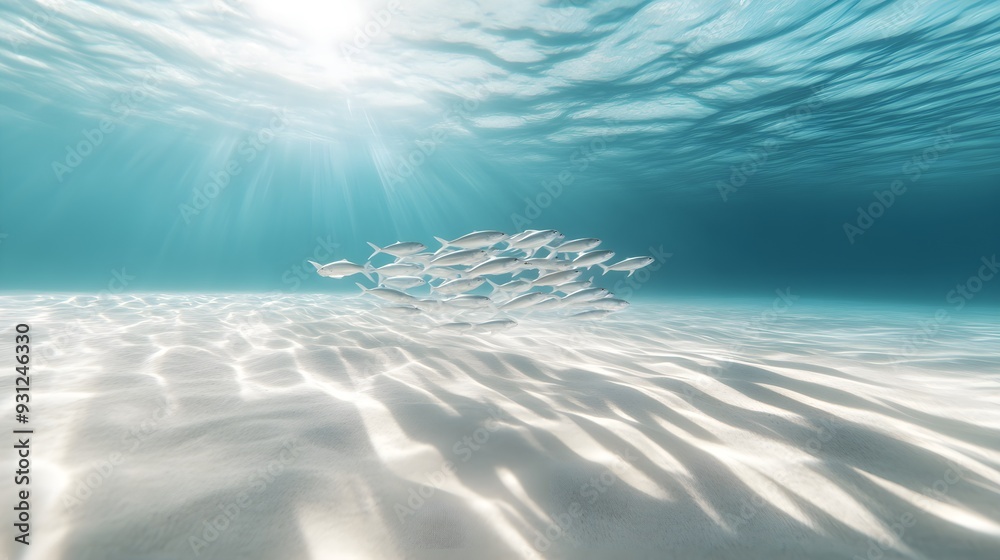 School of silver fish weaving synchronized shapes near the ocean floor ...