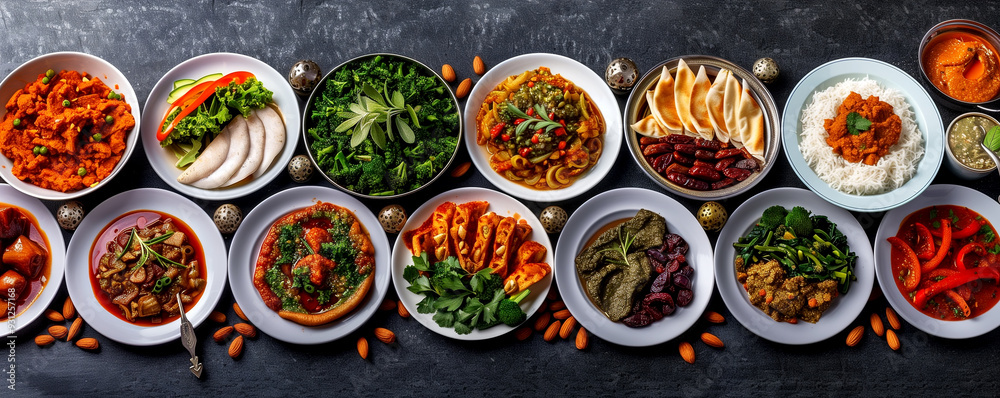 A long table with many different types of food on it. The food is ...