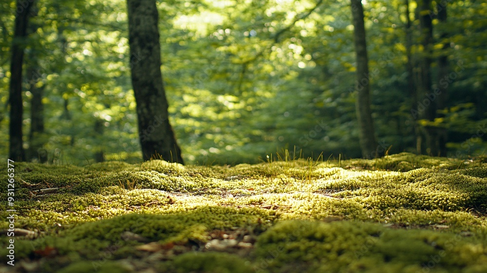 Sunlight filtering through the dense canopy of a spring forest casting ...