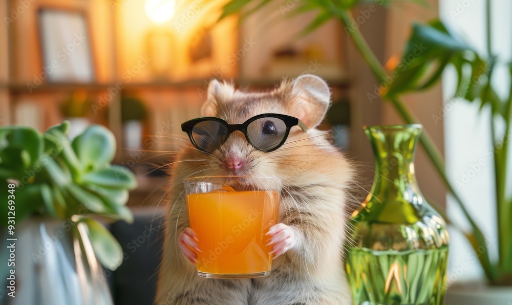 cute hamster wearing black glasses and holding an orange juice in a ...