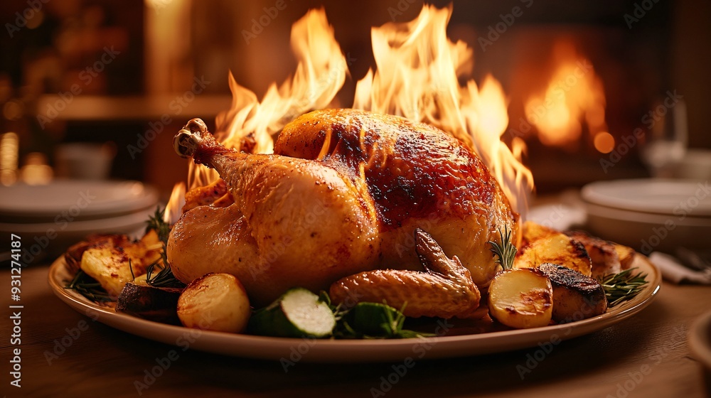 Photo of a whole roasted chicken, set ablaze on a large serving platter ...