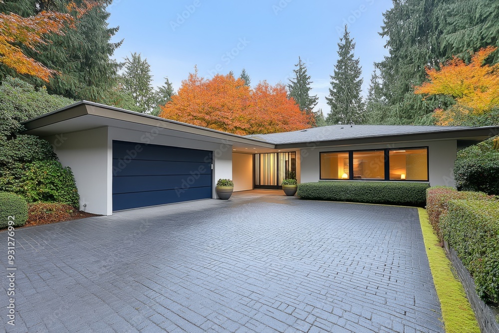 A modern garage door with navy blue steel doors on white walls Stock ...