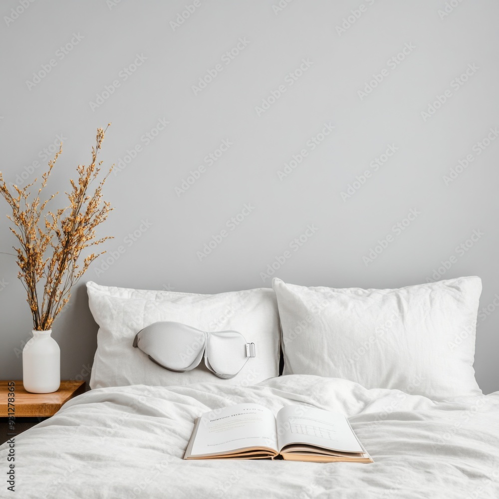 A minimalist bedroom with a sleep mask, a wellness book, and a balanced ...