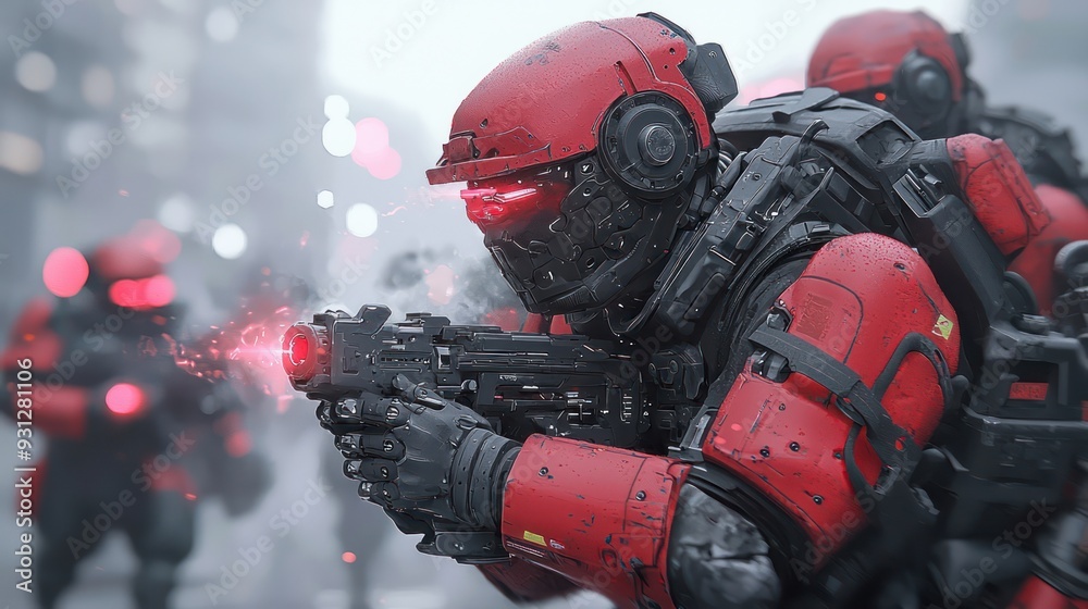 Futuristic Battlefield with Battle-Ready Soldiers in Advanced Armor and ...