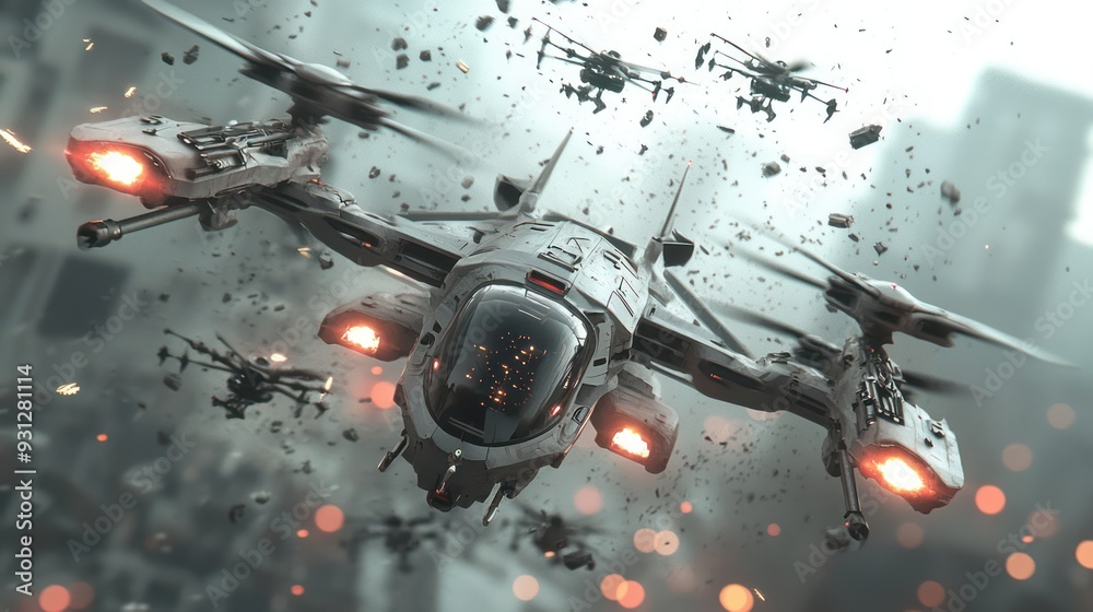 Advanced Gunship Unleashing Laser-Equipped Drones in Futuristic Battle ...