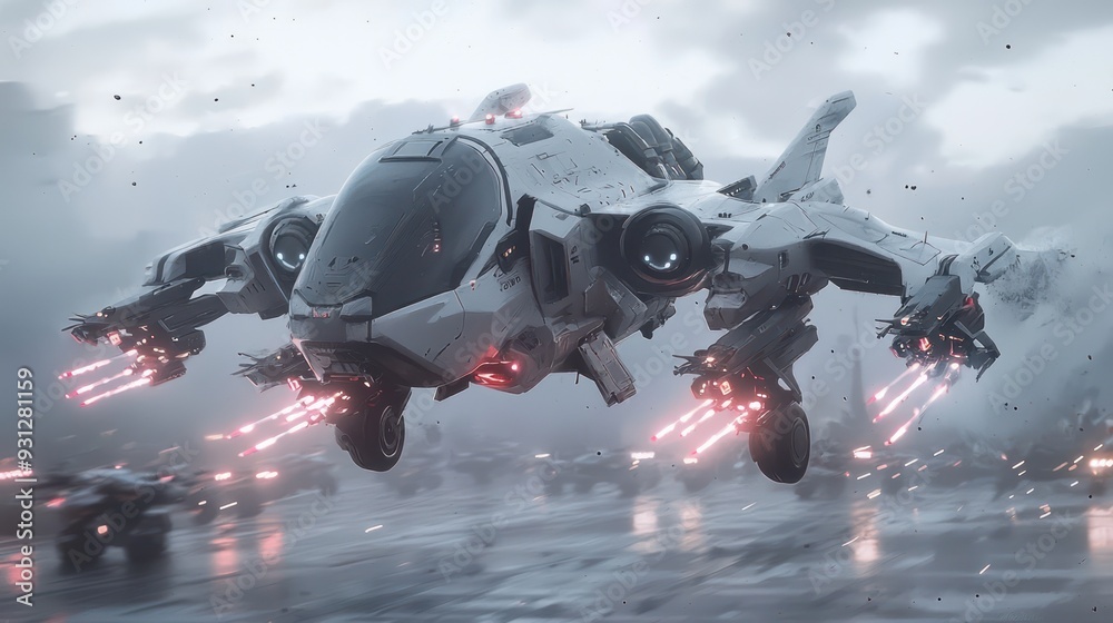 Futuristic Gunship Unleashing Laser-Equipped Drones on Battlefield ...
