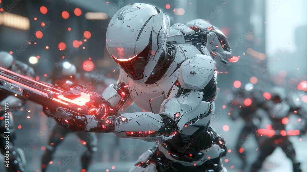 Futuristic Warrior Battling Robots with Glowing Energy Sword and Shield ...