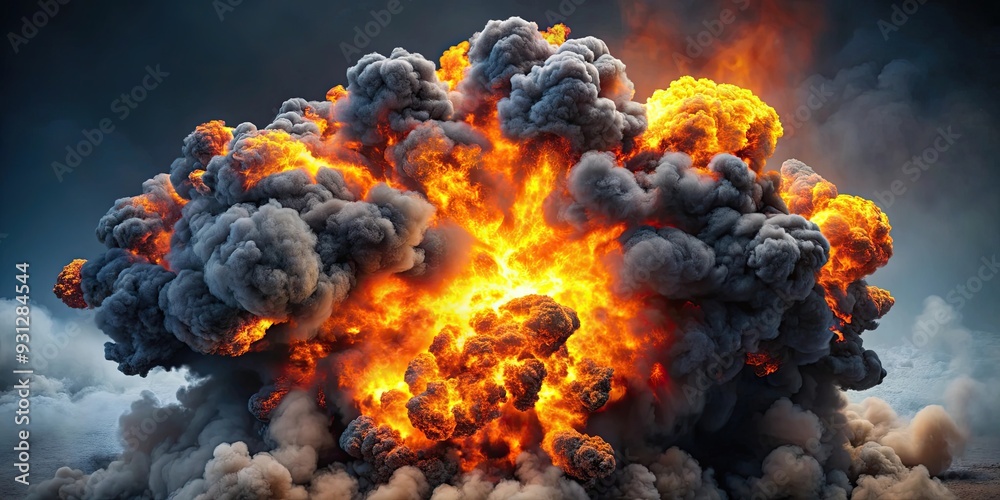 Fiery explosion with black smoke and flying flames , explosion, fire ...