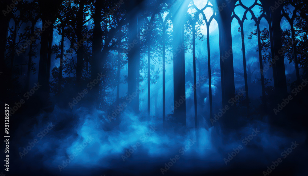 Mysterious blue forest with gothic arches and fog. Ethereal light ...