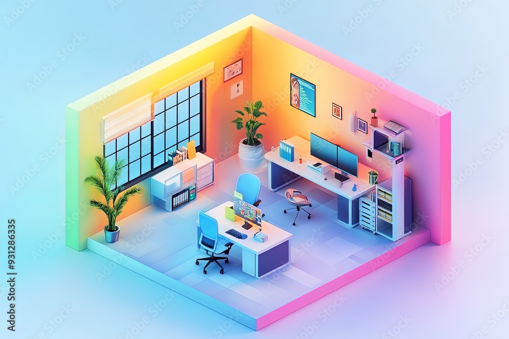 Render a playful isometric office room inside a cube, with a focus on ...