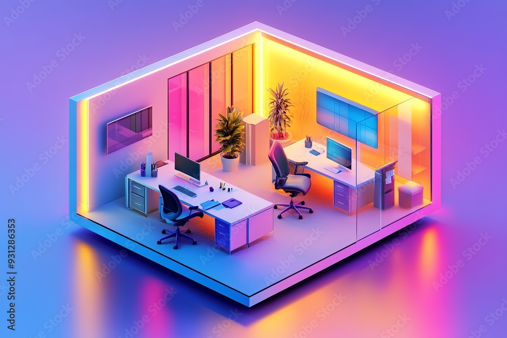 Render a playful isometric office room inside a cube, with a focus on ...