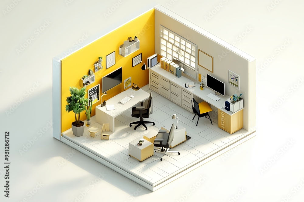Render a modern isometric office room in a cube, combining sleek design ...