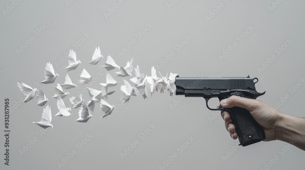 Breaking Chains of Violence - Hand holding gun with paper doves ...