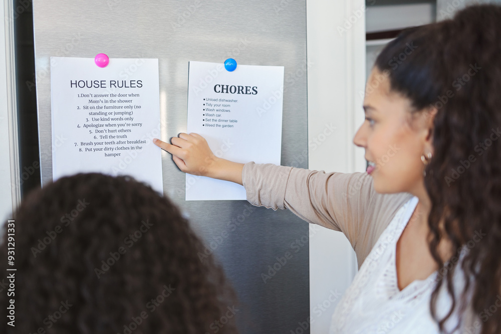 Mother, kid or paper with house rules for checklist, daily routine or ...