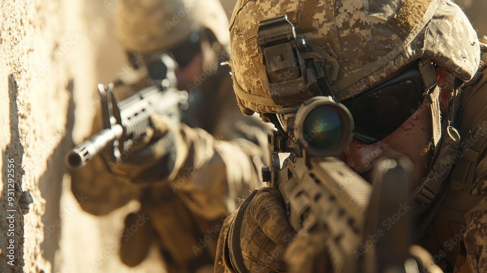 Brave Soldiers in Action: Military Combat Team Taking Cover and Aiming ...