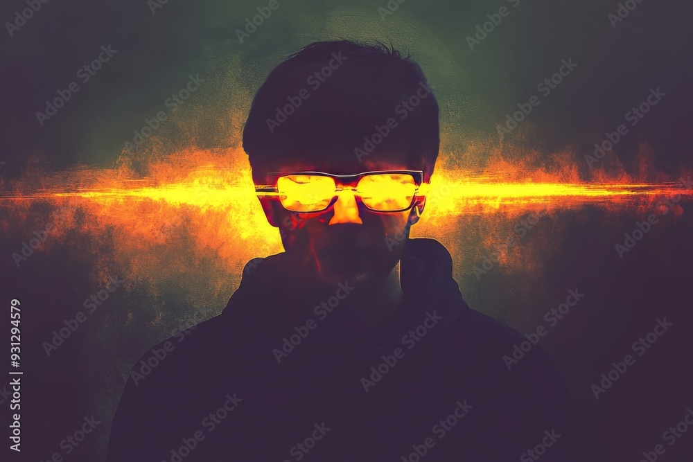 Silhouette of a man with fiery energy emerging from his face ...