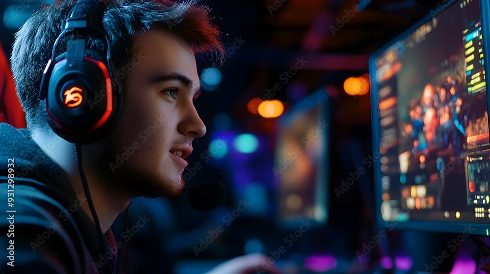 An energetic and passionate esports announcer speaking into a ...