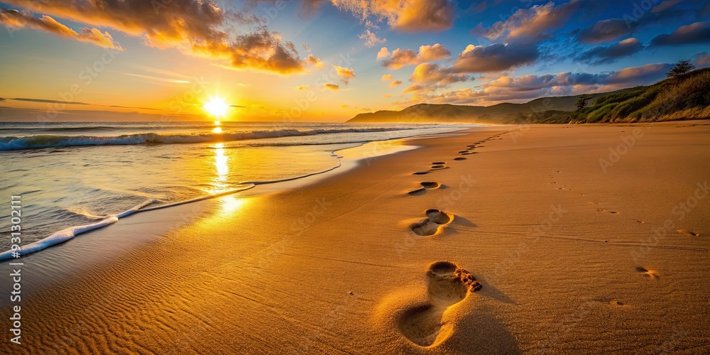 Footsteps imprinted in wet sand on beach during golden sunset, beach ...