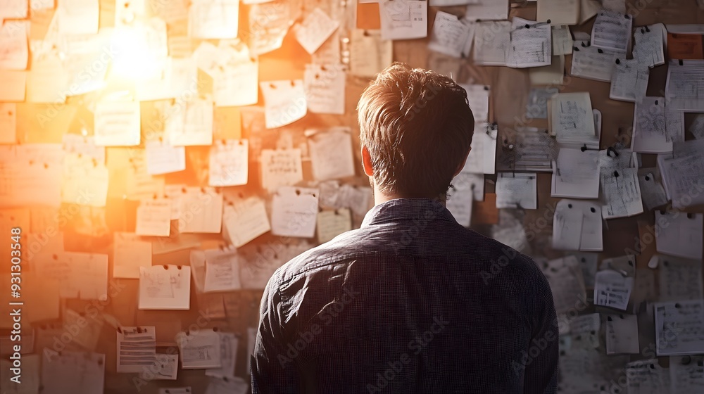 Man looking at wall of notes, determined look, notes with various fonts ...