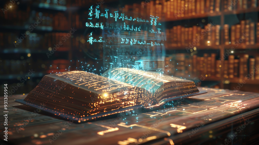 An enchanted book floats above a table, surrounded by glowing text and ...