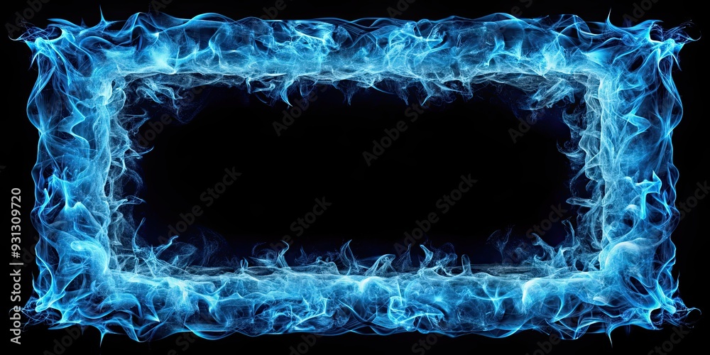 Square icy frame with blue flames overlay on black background, ice ...