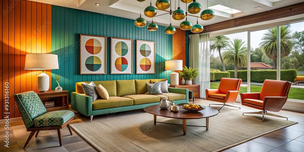 A fusion of atomic and retro styles, this design features bold ...