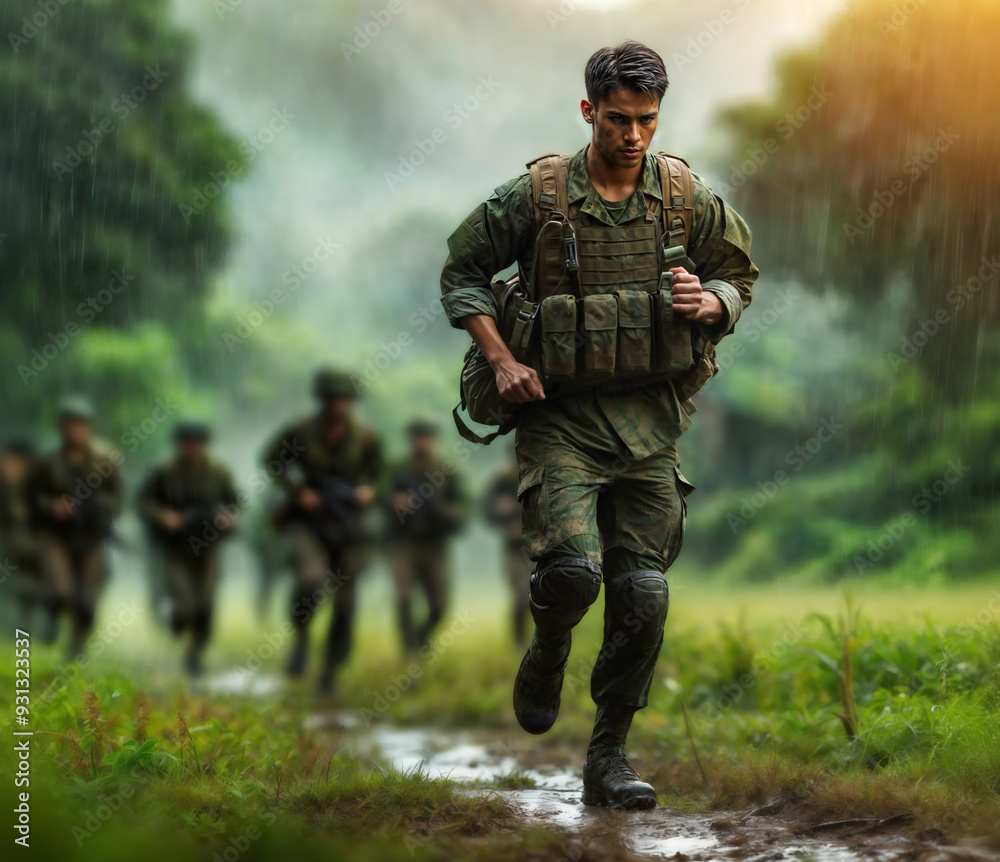 Young military man running ahead of a group of soldiers during military ...