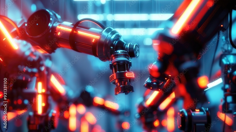 Illuminated industrial robot with multiple arms showcases precision ...