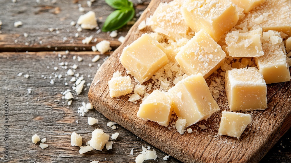 Pieces of Parmigiano Reggiano, or Parmesan cheese, arranged on a wooden ...