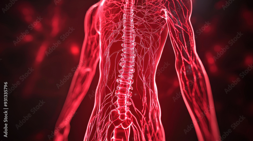 A detailed illustration of human spine and vascular system, showcasing ...