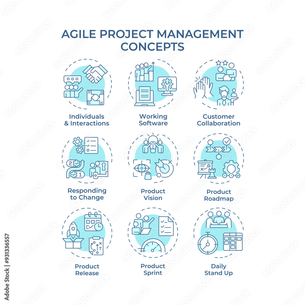 Agile project management concept icons. Meeting schedule. Development ...