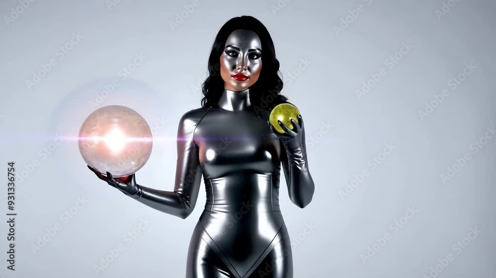 Video of a futuristic woman, in a silver suit, striking a pose while ...