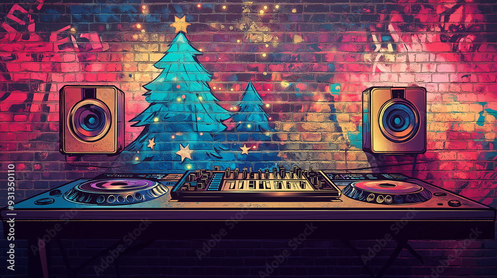 Pop art comic street graffiti with a retro dj set, fireworks, Christmas ...