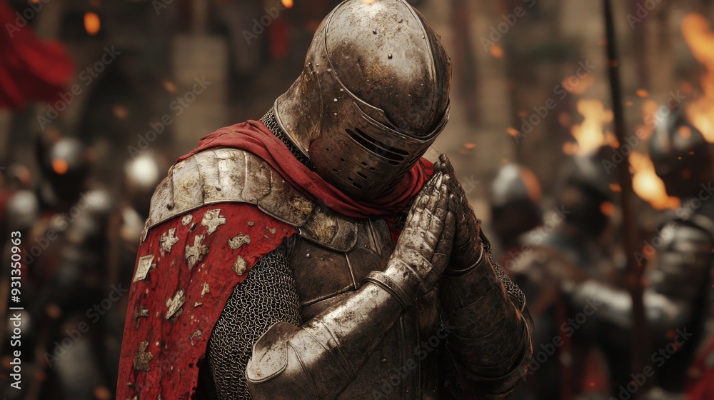 A knight bows with hands clasped in prayer, receiving a solemn blessing ...
