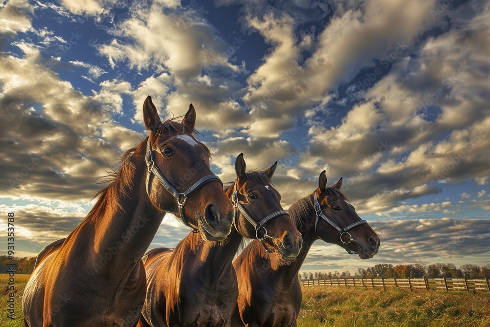 Equine Friends: Four Horses in a Paddock Field Meadow, Alert and ...