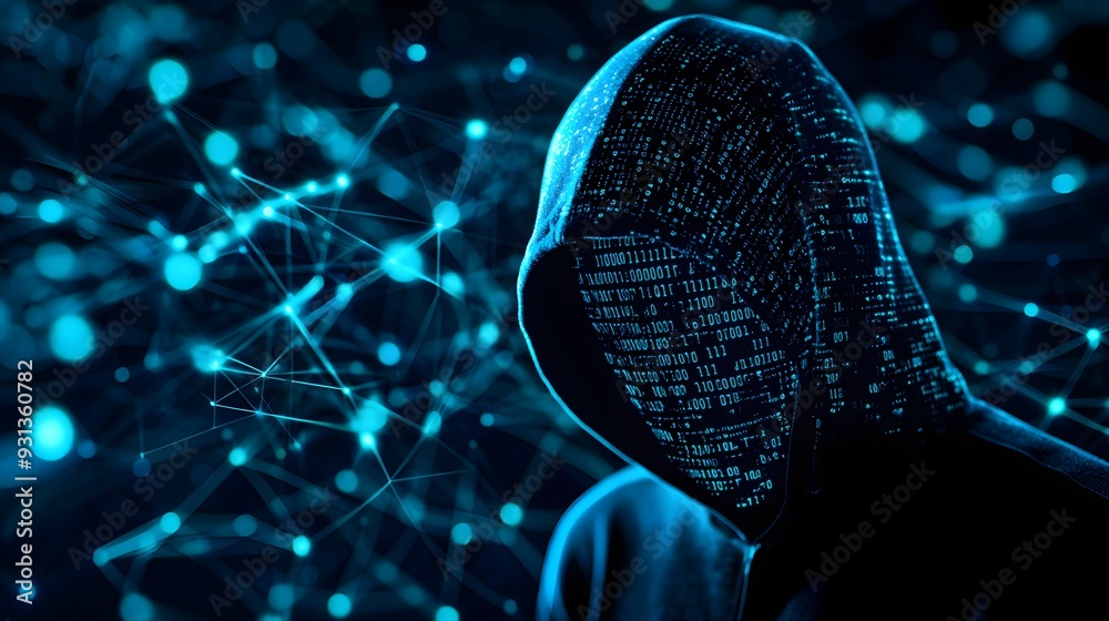 A hooded figure with a concealed face, surrounded by glowing lines of ...