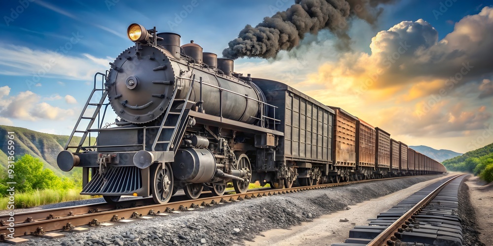 Vintage coal train from 1945 filled with coal and chugging along the ...