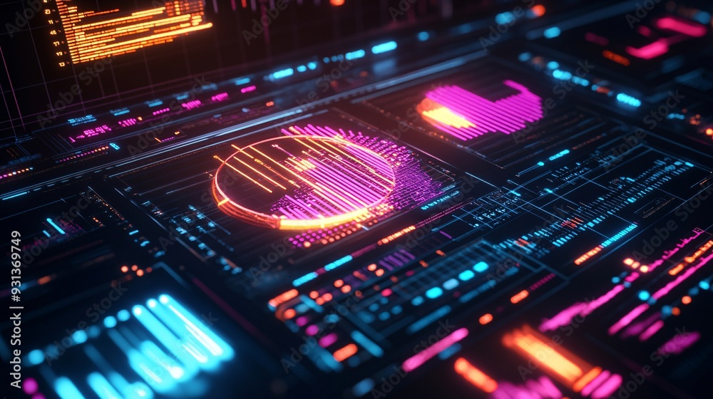 Market analysis dashboard with glowing 3D pie charts and line graphs ...