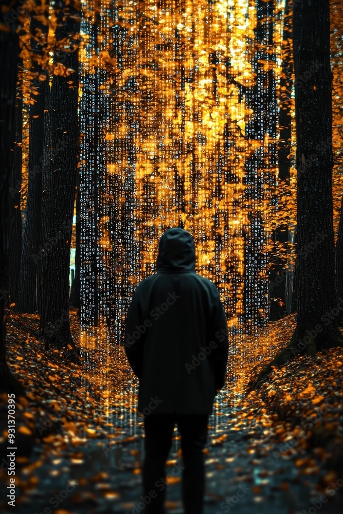 Autumn leaves turning into streams of binary code as they fall from ...