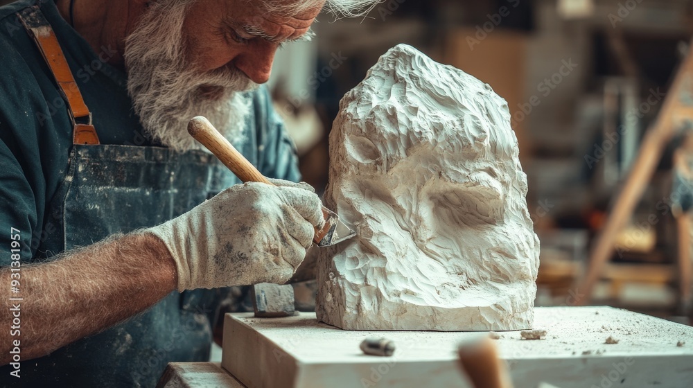 A sculptor intently chisels a stone block, revealing intricate details ...