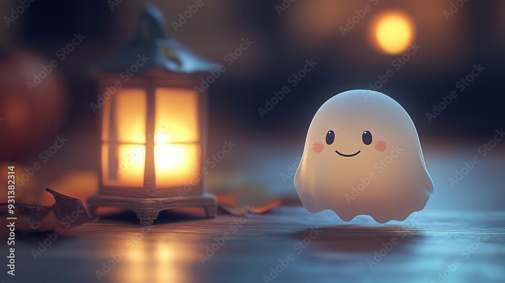 Tiny ghost with a small smile floating near a simple lantern ...