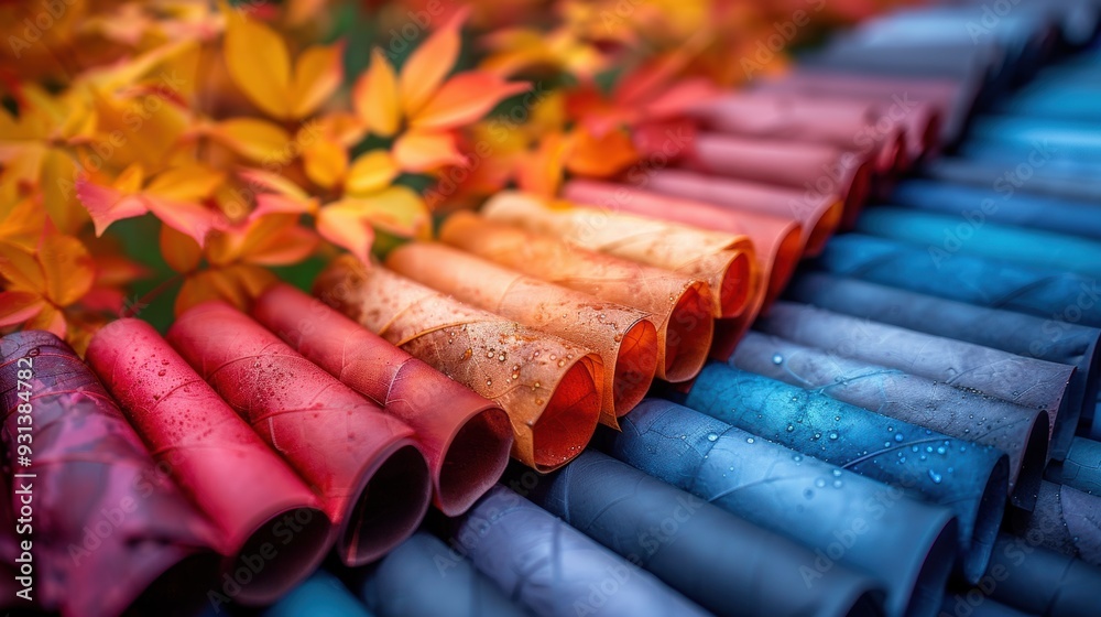 Colorful rolls of paper arranged in vibrant gradients with autumn ...