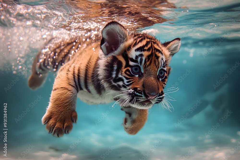 tiger cub swimming underwater, tiger swimming in pool water Stock ...