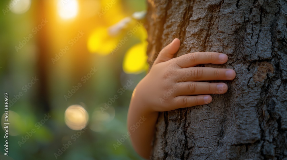 Close-Up of a Child's Hand Gently Touching Tree Bark in a Sunlit Forest ...